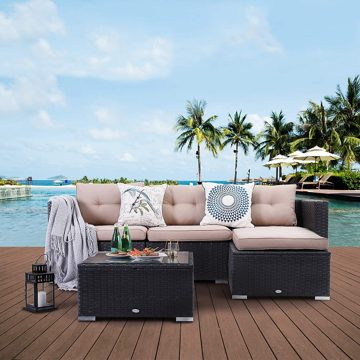 PHI VILLA Outdoor Patio Rattan Sectional Sofa- Small Patio Wicker Furniture Sofa Set,3-Piece, Cream