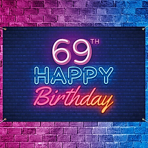 Glow Neon Happy 69th Birthday Backdrop Banner Decor Black – Colorful Glowing 69 Years Old Birthday Party Theme Decorations for Men Women Supplies