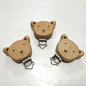 5pcs Natural Beech Wood Animal Pacifier Clips Grasping Toy Suspender Chain Clips Charm Antique DIY Beading Accessory (Bear)
