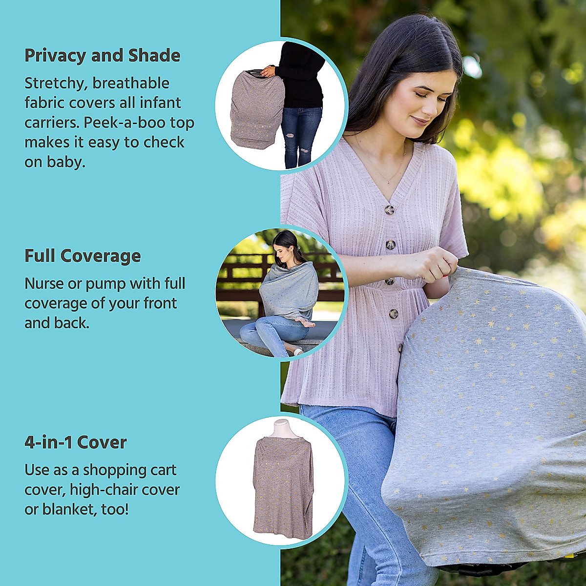 J.L. Childress 4-in-1 Multi-Use Cover - Stretchy Car Seat Canopy and Privacy Cover, Breastfeeding Nursing Cover, Grey/Gold Stars