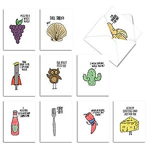 The Best Card Company - 10 Funny Assorted Blank Humor All Occasions Notecards Boxed Set 4 x 5.12 Inch w/Envelopes Cute Word Play for Men, Women (10 Designs, 1 Each) - Fun Puns M2975OCB