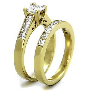 5x5mm Princess Cut CZ Gold IP Stainless Steel Wedding Ring Set