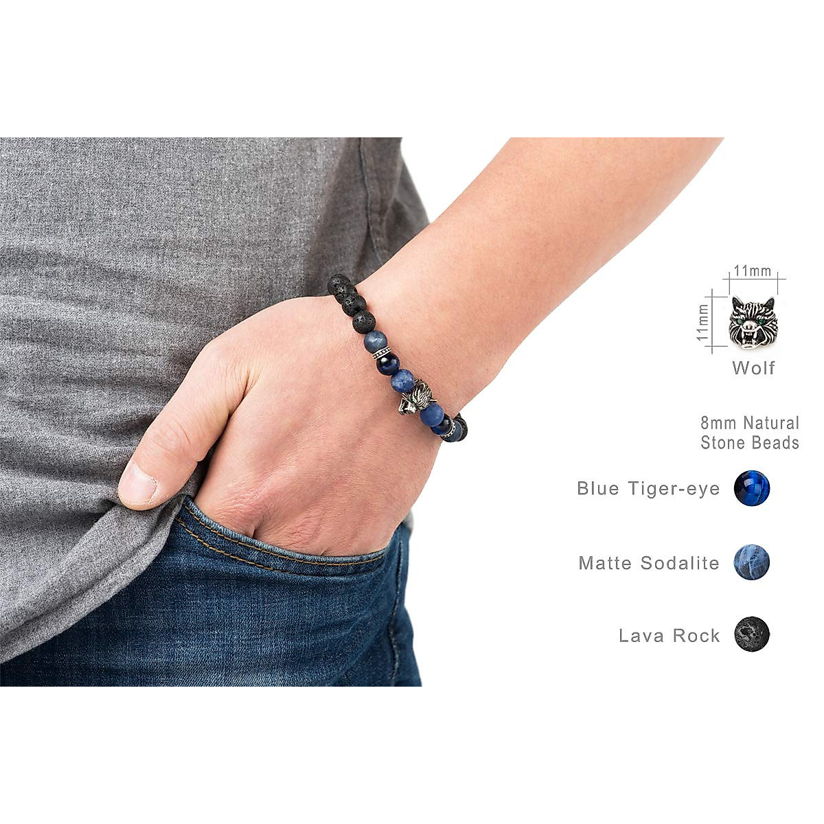 Karseer Viking Wolf Spirit Bracelet with Blue Sodalite and Black Lava Rock Beads, Natural Stone Chakra Jewelry for Emotional Support and Essential Oil Diffusion, Unisex Gift