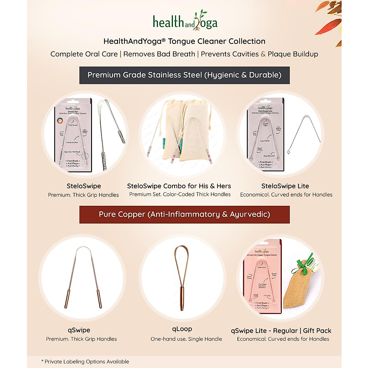 HealthAndYoga™ qSwipe Copper Tongue Cleaner Scraper - Hygienic, Non-Synthetic Grip – Tongue Brush Cleaner (Copper - 2-Pack)