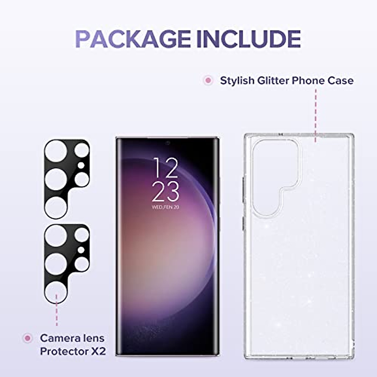 HORTUNE for Samsung Galaxy S23 Ultra Case Glitter,with 2 Camera Lens Protector,[Not Yellowing] Crystal Shockproof Case,Slim Phone Cover Woman for S23 Ultra 6.8" 2023 (Clear Bling)