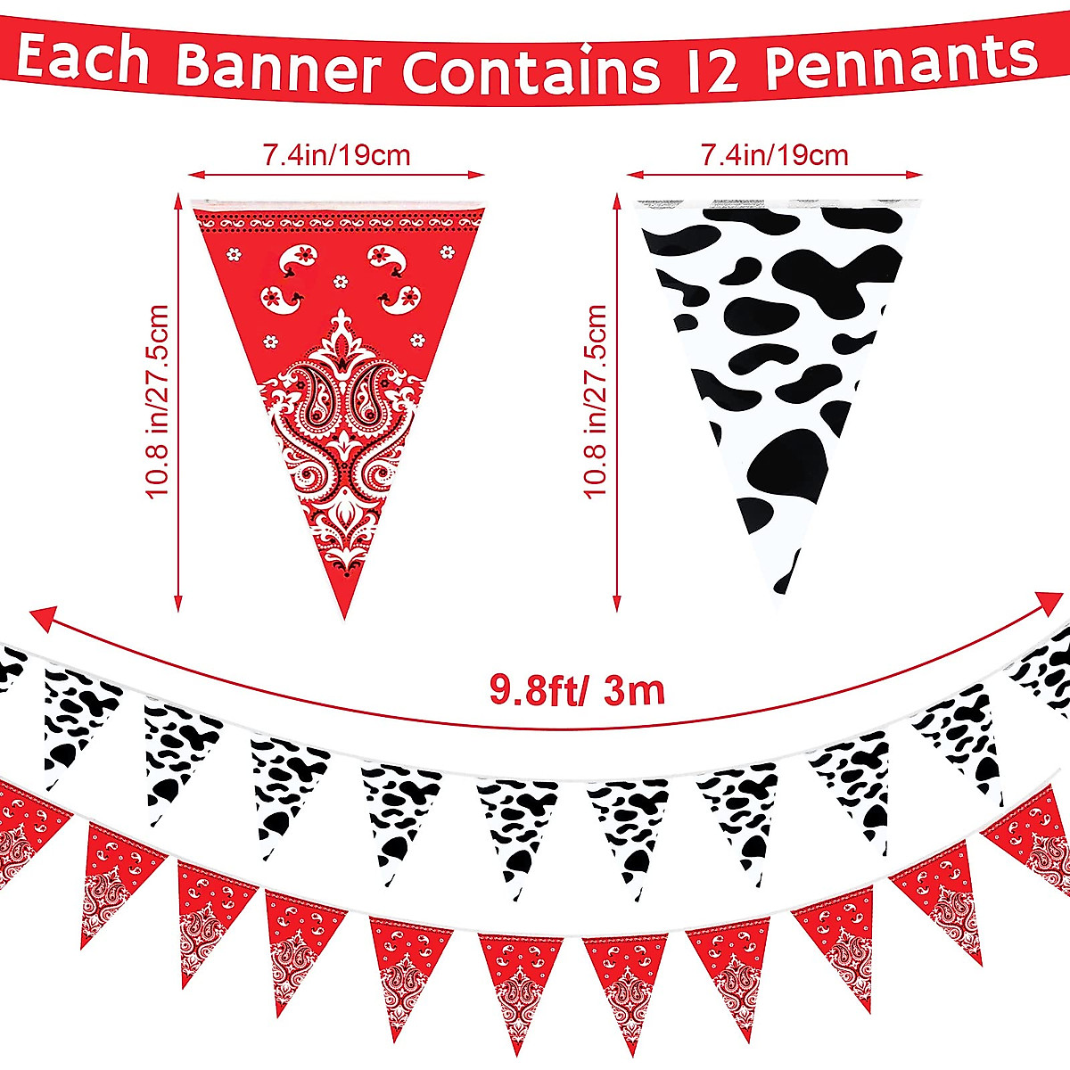 Ctosree 5 Pack 49 Ft Cow Print Bandana Pennant Banners Cow Bunting Banner Western Cowboy Baby Shower Birthday Party Supplies Red White Black Flag for Wild West Farm Theme Party Decor, 7.5 x 10.8 Inch