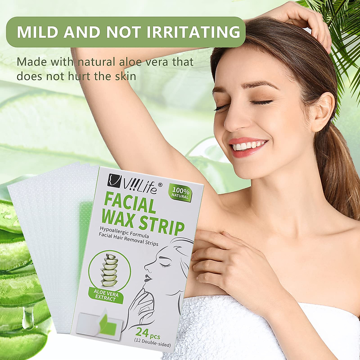 Viilife 48 Pcs Facial Wax Strips 24 Double Sides Mini Wax Strips Hair Removal at Home Waxing Hair Removal for Women's Facial Eyebrows Upper Lip and Chin with 8 Calming Wipes