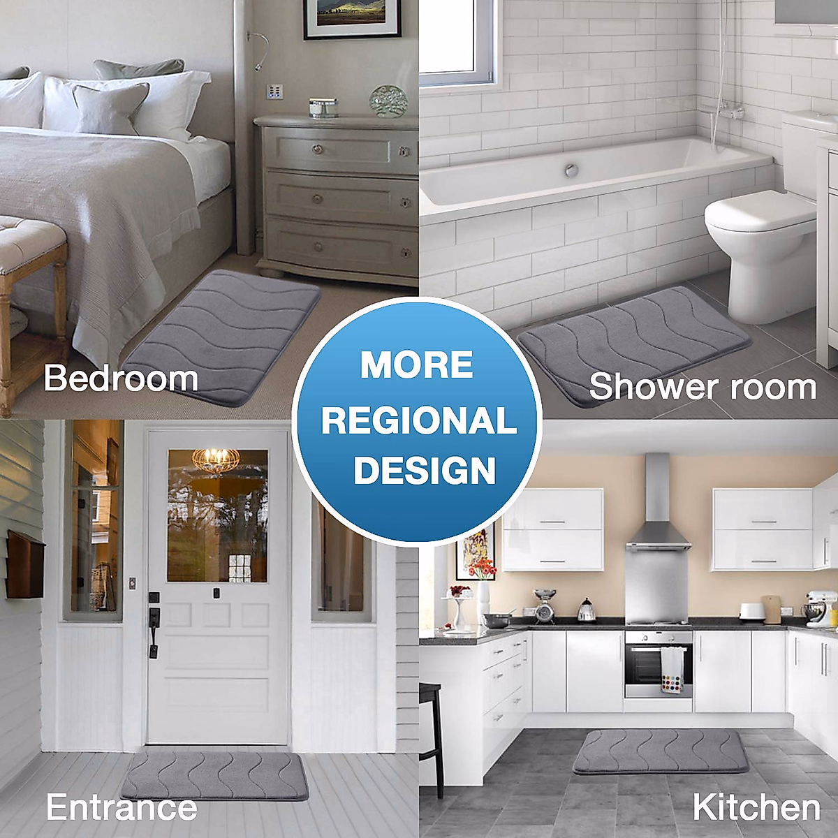 Flamingo P Memory Foam Bath Mat Rug for Bathroom Floor Non Slip Shower Rugs, 20x32,Grey