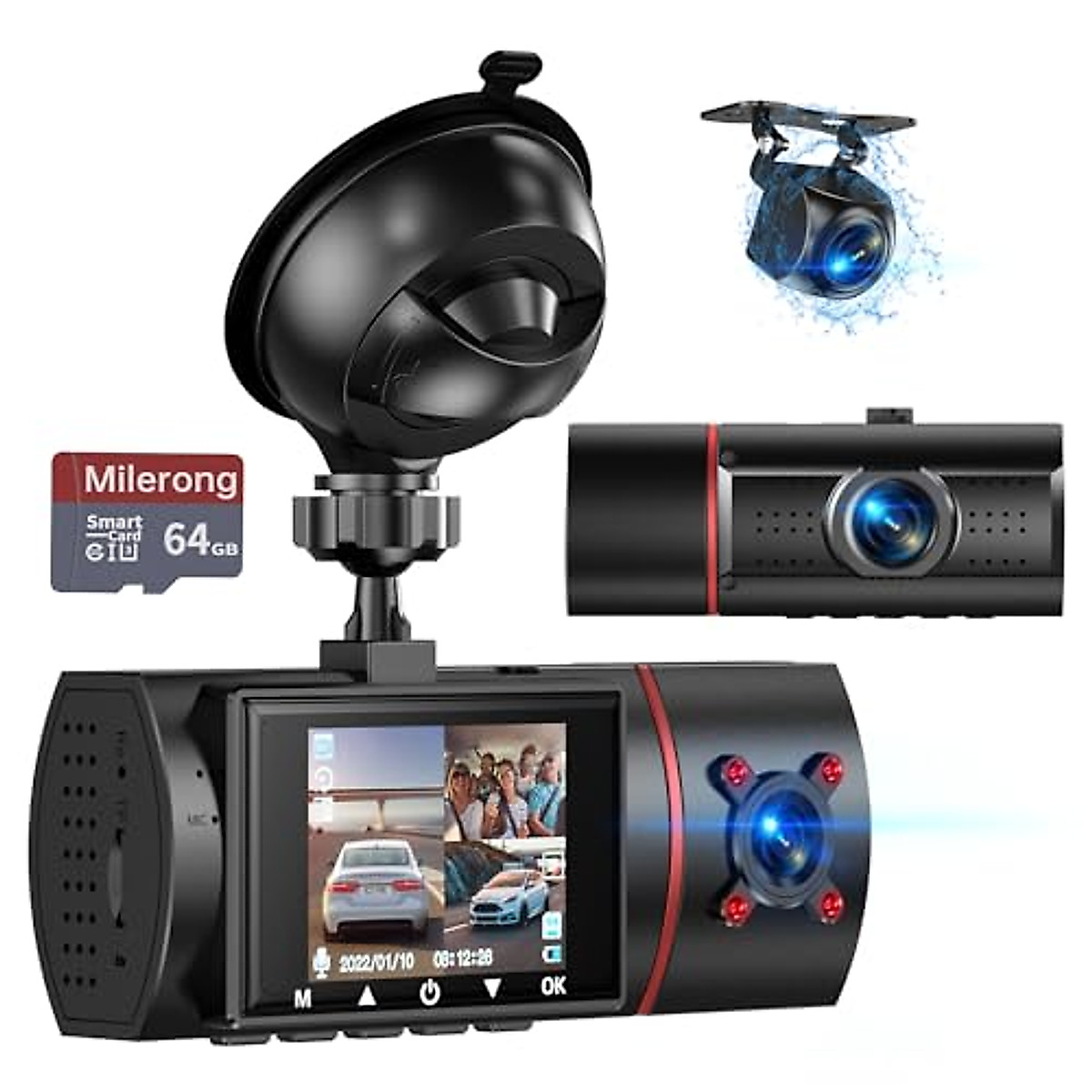 Milerong Dash Cam Front Rear and Inside, FHD 1920P Dash Camera for Cars, Dashcam Three Way Triple Car Camera with IR Night Vision, Rotating Inside Camera, 24H Parking Mode, WDR
