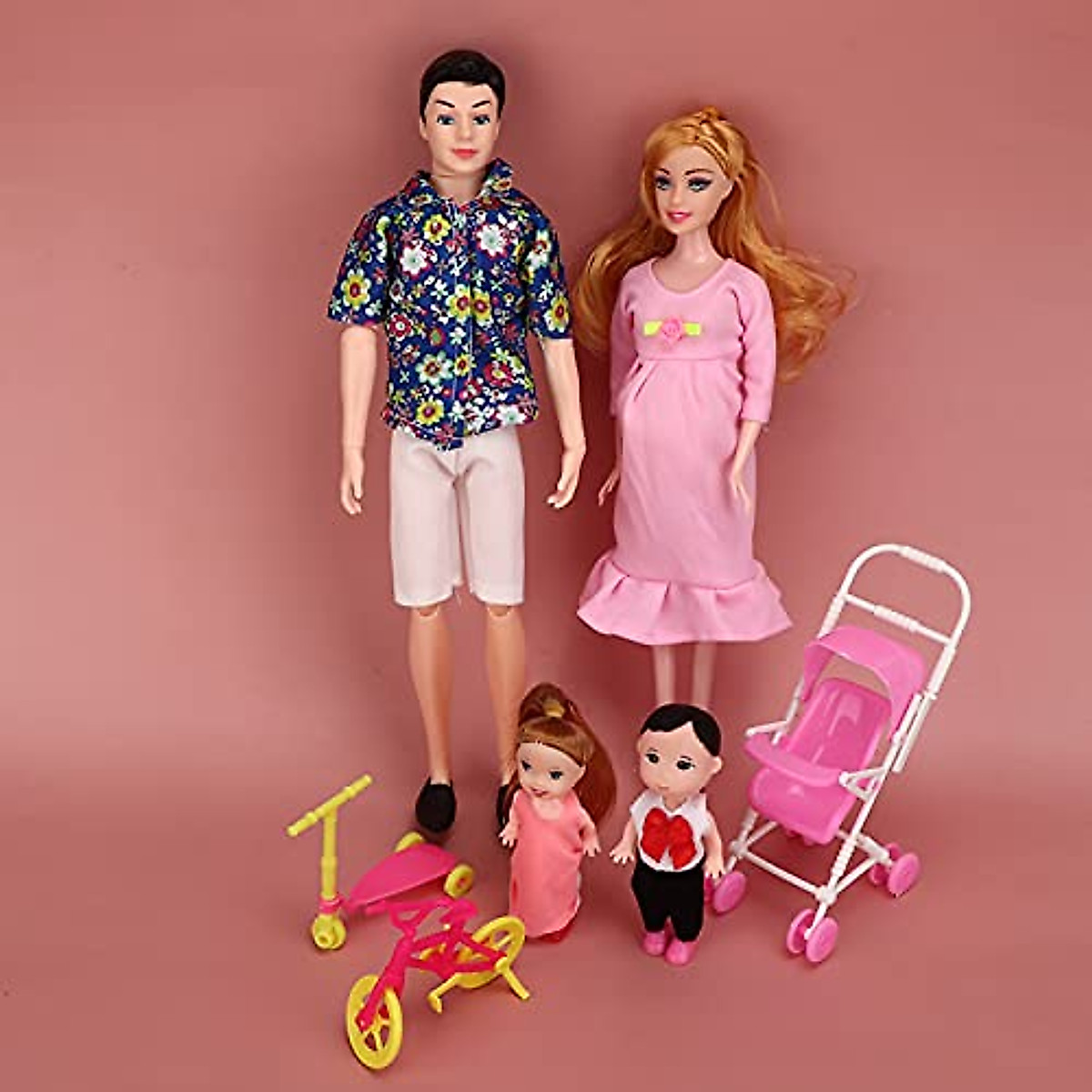 Vakitar Family Dolls Set of Dad Pregnant Mom Girl Boy Children Role Play House Toy Gift,for Home (Printed Blue T+Pregnant Powder)