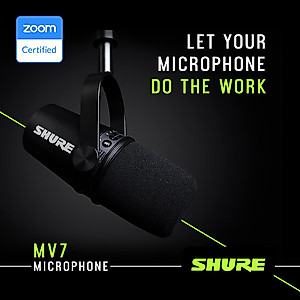 Shure MV7 USB Microphone for Podcasting, Recording, Live Streaming & Gaming, Built-in Headphone Output, All Metal USB/XLR Dynamic Mic, Voice-Isolating Technology, TeamSpeak & Zoom Certified – Black