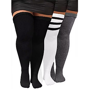 Apoway 3 Pairs Plus Size Thigh High Socks Over the Knee Extra Large Thigh High Stockings for Women with Garter Belts