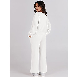 ANRABESS Women’s Two Piece Outfits Matching Sets Long Sleeve V Neck Pullover Top and Wide Leg Pants 2023 Fall Tracksuit Lounge Sets A804baise-S, White