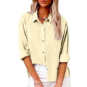 Womens Linen Tops 2023 Suumer Cotton Button Down Long Sleeve Blouse Casual V-Neck Roll Up Gauze Shirts Loose Fit Solid Color Trendy Comfy Lightweight Plus Size Ruffle Hem Tee（C-Beige,3XL