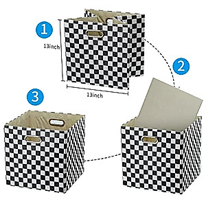 Fboxac Cube Storage Bins 13×13 Polyester Foldable Box with Handles, Collapsible Organization Basket Set of 4 Large Capacity Drawer for Closet Shelf Cabinet Bookcase Bedroom, Checkerboard Black & White