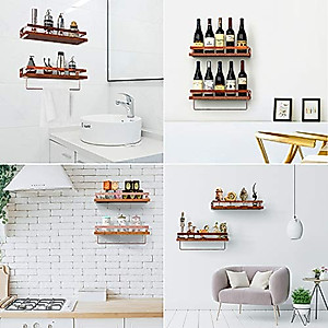 GeekDigg Floating Bathroom Shelves, Wall Shelf Set of 2 with Integrated Towel Bar, Floating Shelves Wood with Rose Gold Rails for Bedroom, Living Room, Bathroom, Kitchen, Office Storage