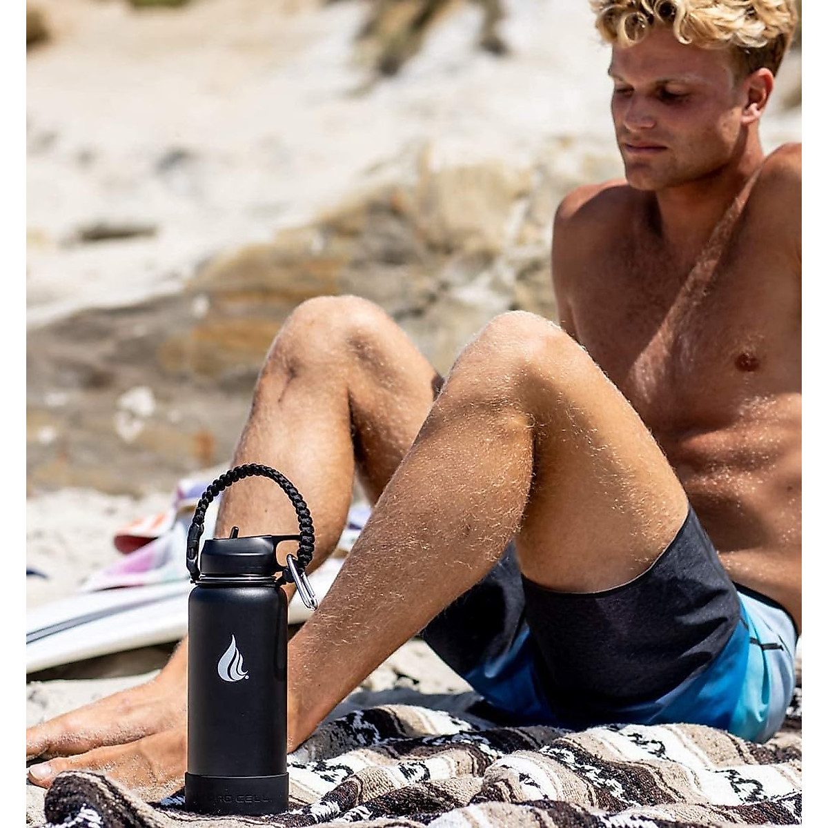 HYDRO CELL Paracord Handle for Wide Mouth Water Bottles - Carrier Strap w/Attachment Ring and Carabiner Accessory. Compatible w/ 64oz, 40oz 32oz, 24oz, 18oz, 14oz Insulated Bottles