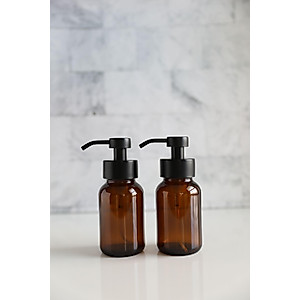 Rail19 Amber Glass Apothecary Foaming Soap Dispenser with Metal Pump - for Kitchen and Bathroom Countertop, 8.5oz (Black)