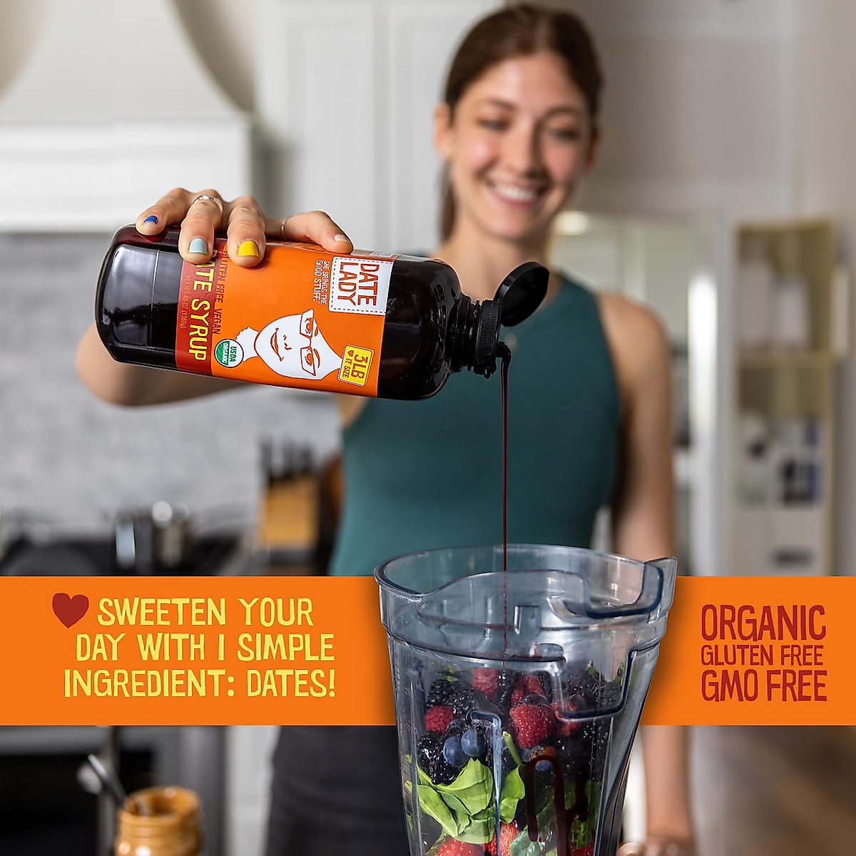 Date Lady Date Syrup 3 lb Squeeze Bottle | 1 ingredient: 100% Organic Dates. Vegan, Paleo, Gluten-free & Kosher | Also Known As Silan, Date Honey and Date Nectar | Sugar Substitute