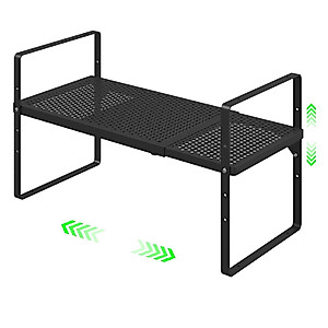 SOFRON Expandable Cabinet Storage Shelf Stackable Organizer Rack for Kitchen Bathroom Pantry Spice Cupboard Coffee Countertop Home Office Desk Heavy Duty Nonslip Black Small 1 PACK