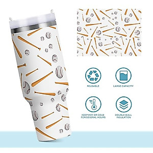 ARGTILDN 40 oz Tumbler Baseball Sport Play Insulated Travel Mug with Handle and Straw Lid Stainless Steel Vacuum Coffee Cup Tea Beverage Container Water Bottles for Car Sports office