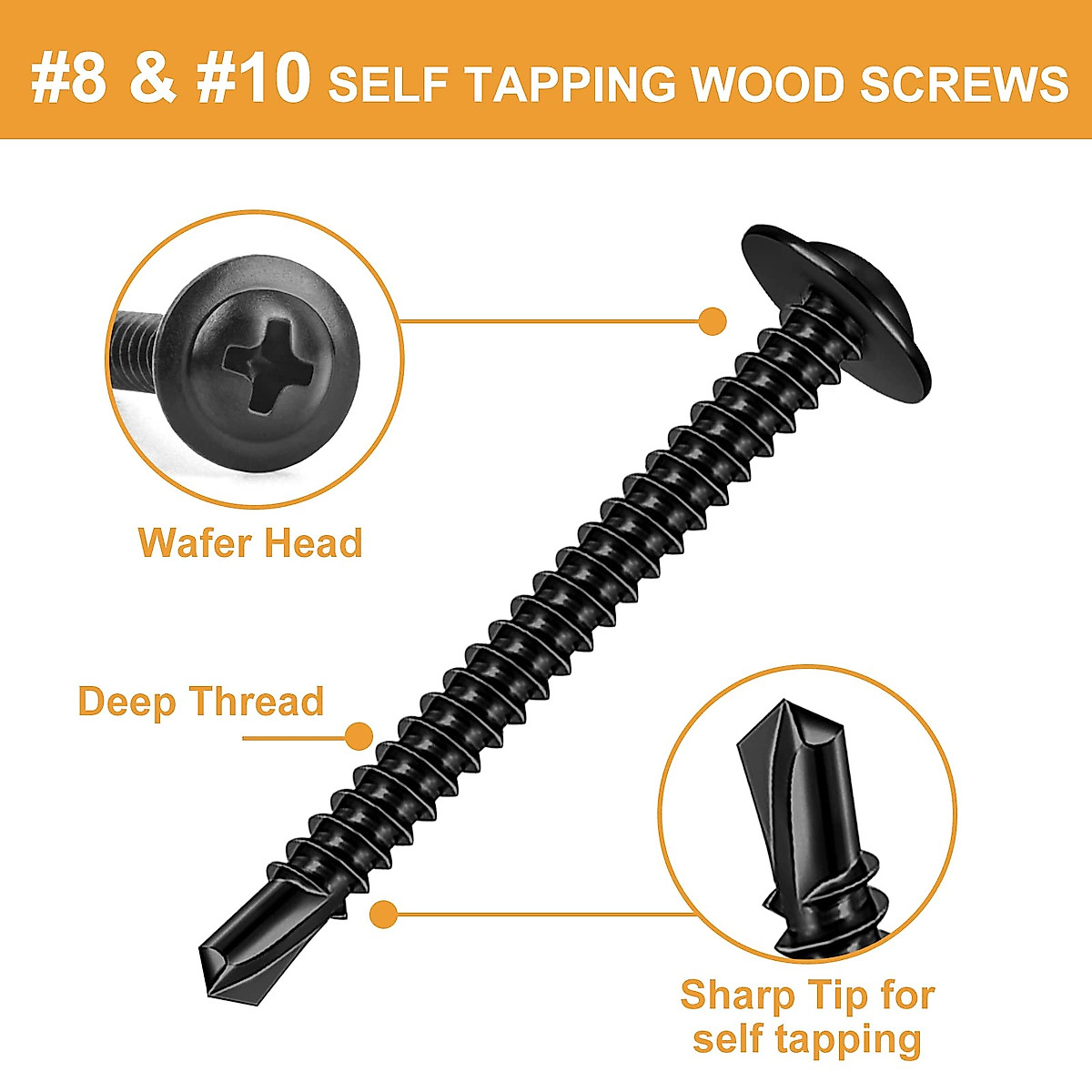 VIGRUE 425PCS #8#10 Black Self Tapping Screws for Metal, 425PCS (410) Stainless Steel Modified Truss Head Sheet Metal Self Drilling Screws Assortment Kit, Black Oxide, Length 1/2" to 1-1/2''