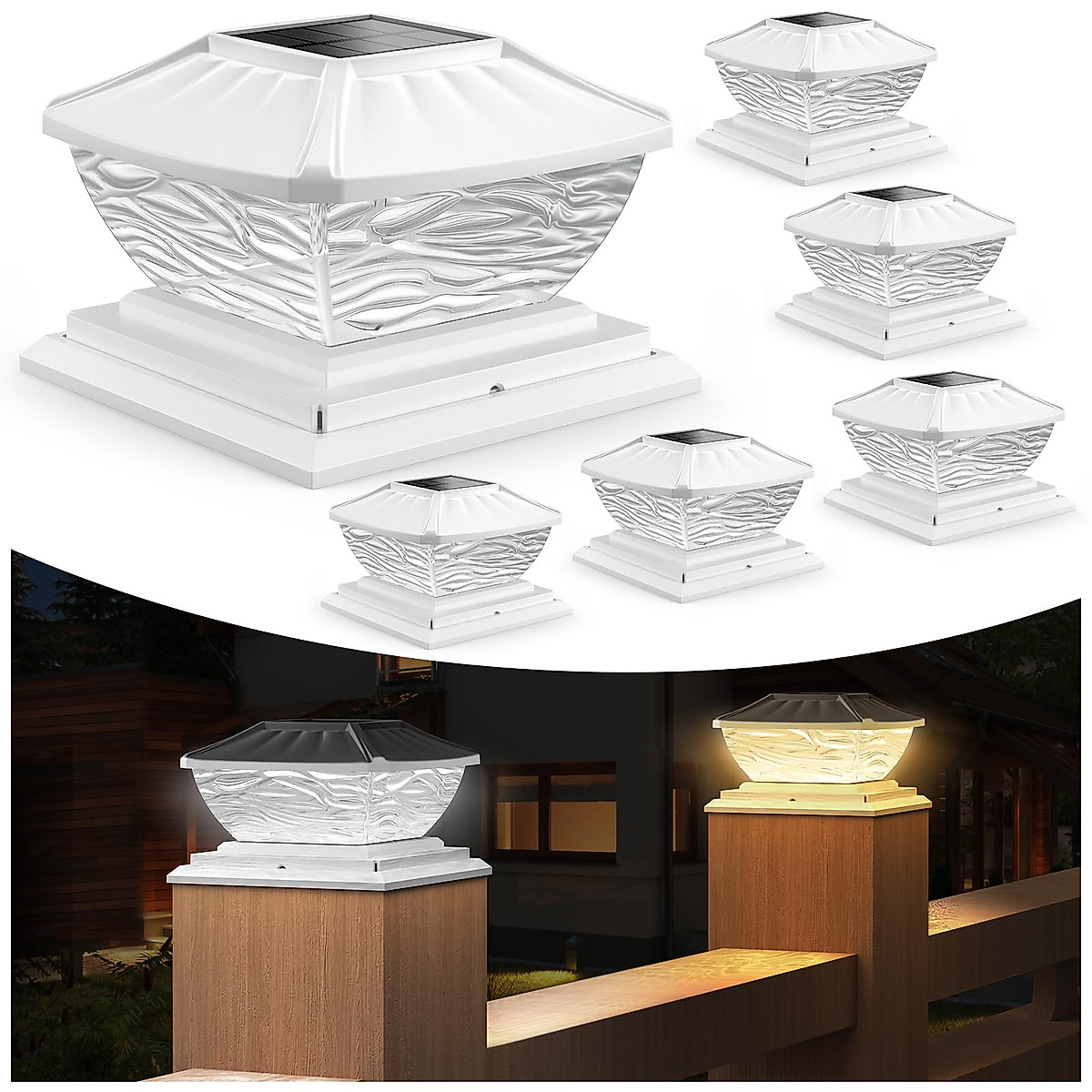 SOLLUCIS Solar Post Cap Lights, Large 8 LEDs 2 Modes Fence Post Solar Lights Outdoor Waterproof for 4x4 5x5 6x6 Vinyl Wooden Deck Fence Posts Patio Garden Decor, Warm/Cool White (6 Pack, White)