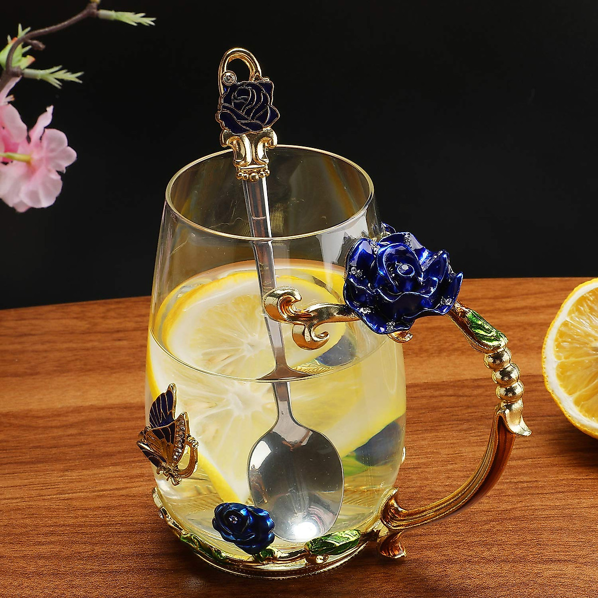 Luka Tech Enamels Butterfly flower Lead-free Glass Coffee Mugs Tea Cup with Steel Spoon, personalised Gifts For Women Wife Mom Friends Birthday Mothers Valentines Day Wedding (Blue-Tall)