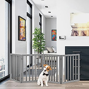 PETMAKER Pet Gate – Dog Gate for Doorways, Stairs or House – Freestanding, Folding, Accordion Style, MDF Wooden Indoor Dog Fence (4 Panel, Gray)