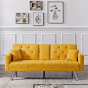mikibama 76 Inch Futon Sofa Bed with Cup Holders, Linen Convertible Folding Futon Couch with Adjustable Backrest and Throw Pillows for Living Room, Tufted Sleeper Sofa with Metal Legs (Yellow)