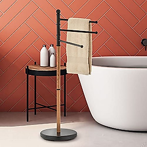 MyGift 40 Inch Black Steel Freestanding Bathroom Towel Rack with 3 Swivel Arms and Oak Wood-Tone Finish, Indoor and Outdoor Pool Spa Towel Holder