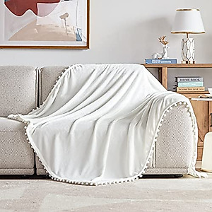 BEAUTEX Fleece Throw Blanket with Pompom Fringe, White Flannel Blankets and Throws for Couch, Super Soft Cozy Lightweight Plush Throw Blanket (50" x 60")