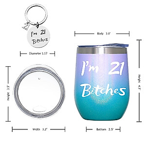 KFK 21st Birthday Gifts for Her,Funny 21 Year Old Birthday Gifts, 21st Birthday Wine Tumbler with Keychain, 21st Birthday Decorations for Women, Sister, Friends-(Glitter Peacock)