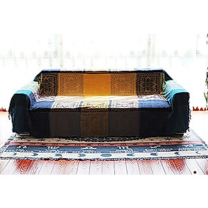 FinalNest Bohemian Tribal Throws Blankets Reversible Colorful Red Blue Boho Hippie Chenille Jacquard Fabric Throw Covers Large Couch Furniture Sofa Chair Loveseat Recliner Oversized (Blue, L:102x87)