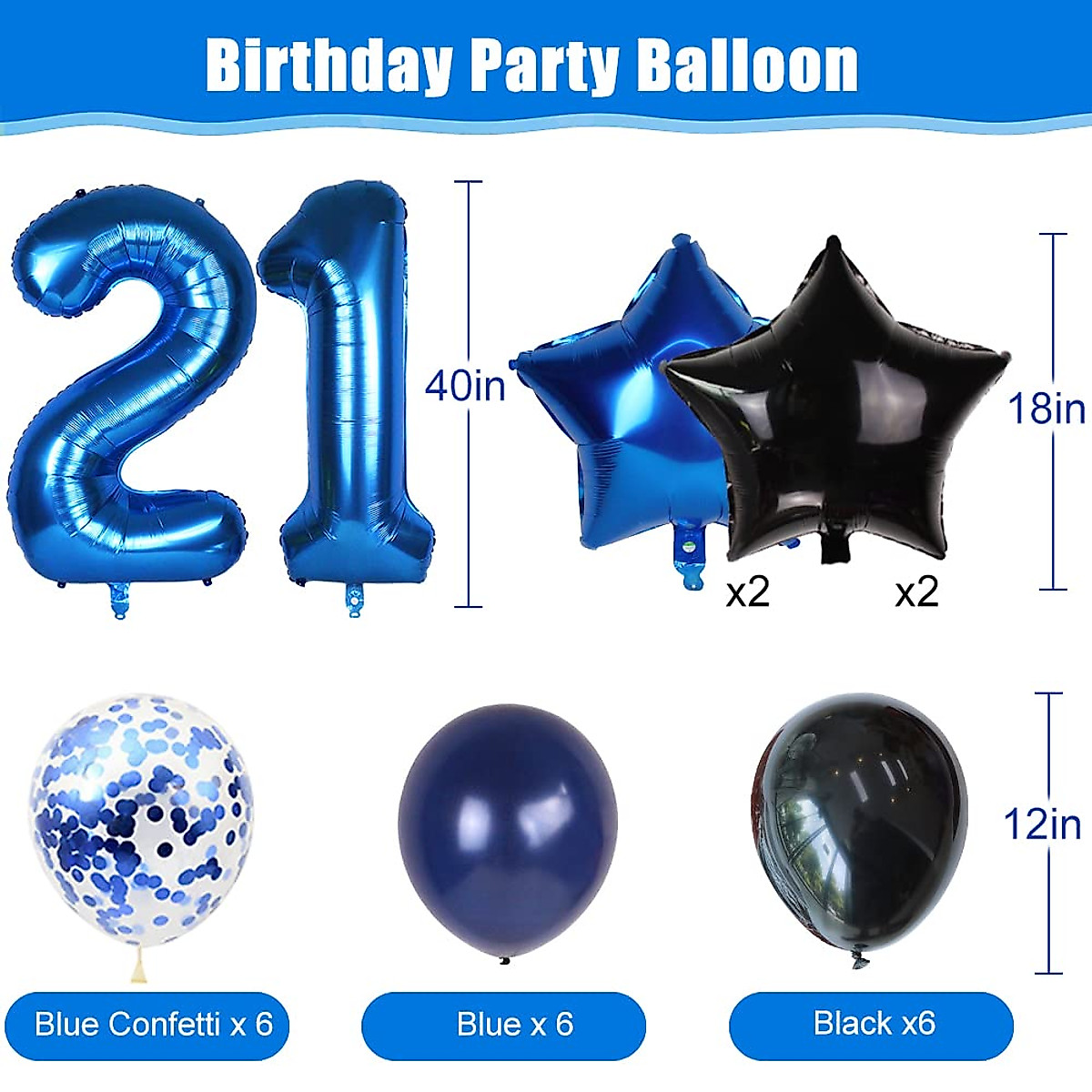 YUNXUAN 21st Birthday Decorations, 21st Birthday Decorations for Him, Happy Birthday Banner Blue Number 21 Foil Balloon for 21st Anniversary Decorations Birthday Party Backdrop