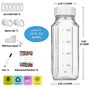 6 Pack 16 Oz Glass Juice Bottles w Pour Spout, 100% Airtight Heavy Duty SCREW Lid- Reusable Glass Milk Bottles w Capacity Mark, Square Drinking Jar Juice Container(Extra 2 Lid)