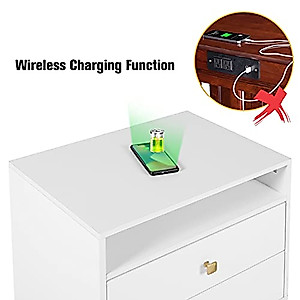 AILEEKISS Nightstands Set of 2 with Wireless Charging Function Wooden Night Stands 2 Sets with Drawers and Open Shelf Storage End Table Home Bedside Table for Bedroom (White 2 Sets)