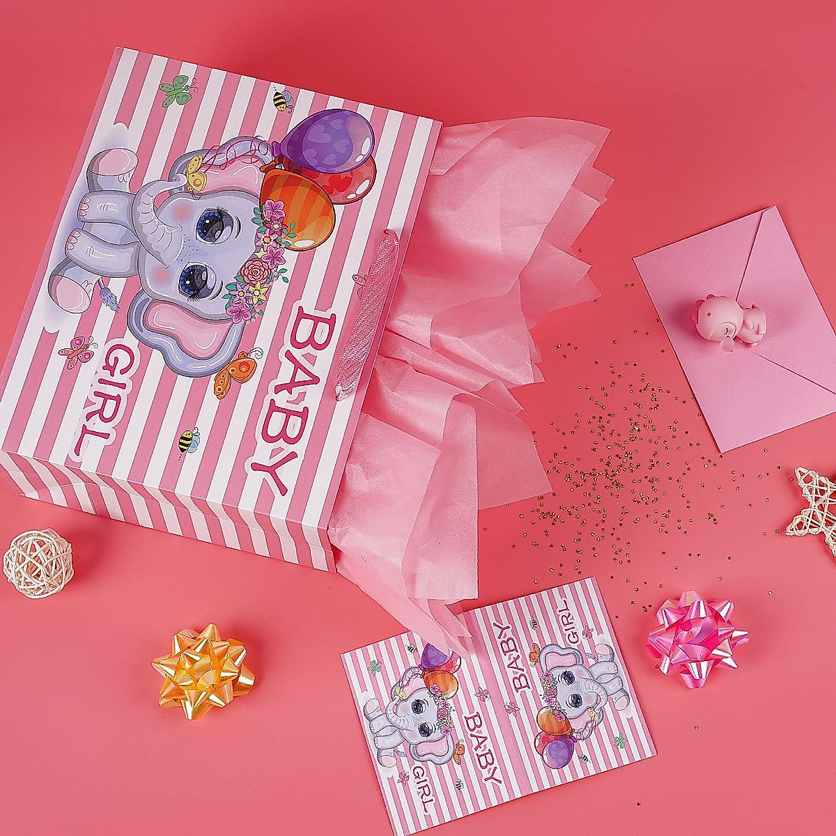 Jaywayang 12.6" Large Baby Girl Gift Bag with Tissue Paper and Greeting Card for Baby Shower, Baby Girl Birthday, New Parents, and More.
