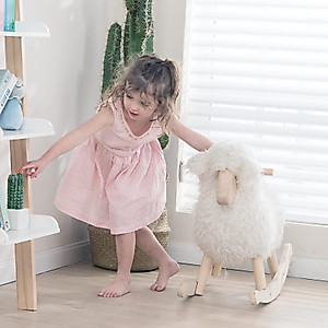 Rocking Horse for 1+ Year, Baby Rocking Horse for 1 Year Old,Wooden Cow/Yak Horse Rocking with Wicker Plush Fur for 2 Years Old(Bull Buffalo) (White Lamb)