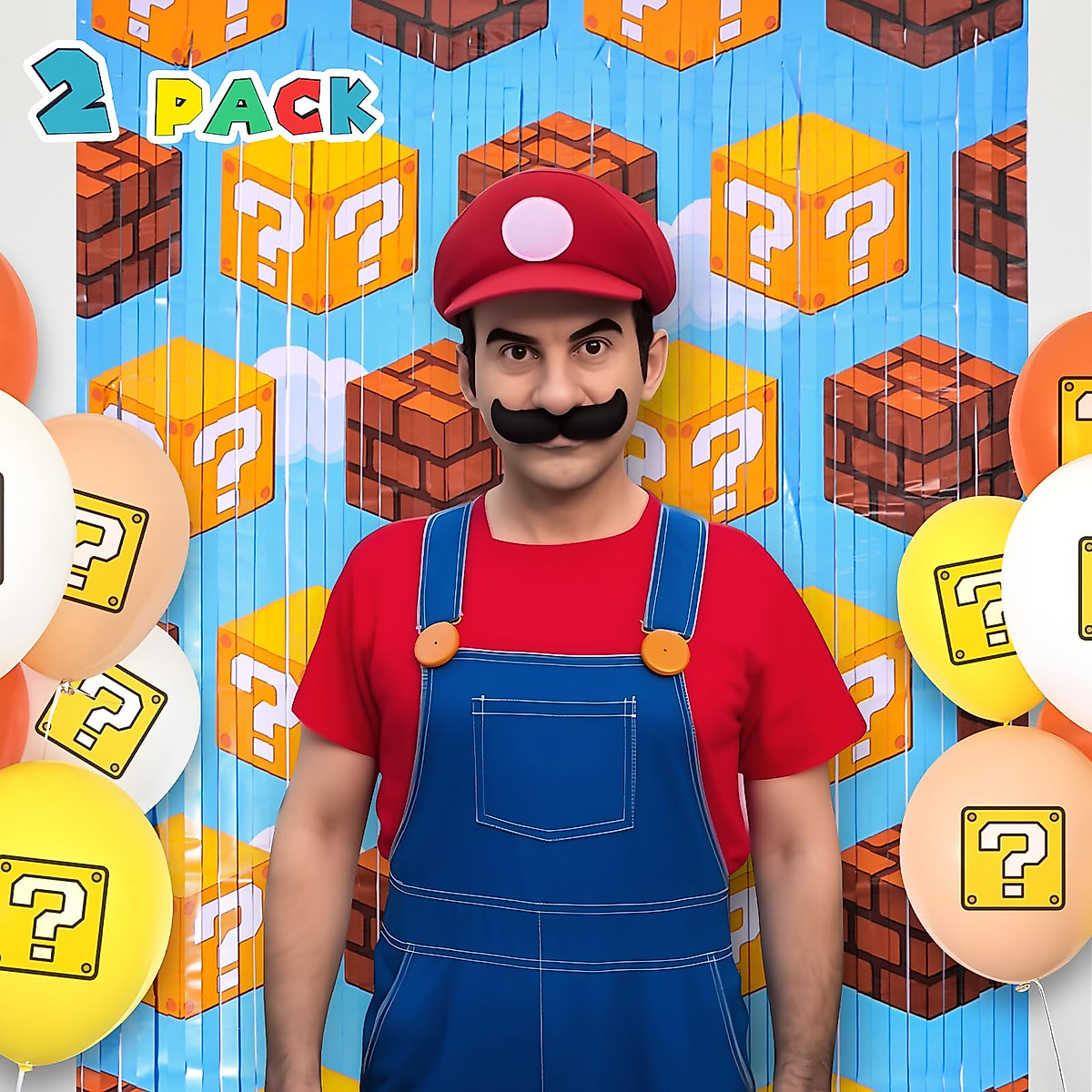 Bupelo Super Bros Birthday Party Supplies, 2 Pack Question & Brick Tinsel Foil Fringe Curtains, Super Game Themed Photo Booth Prop Party Backdrop, Super Bros Party Decorations Room Decor for Kids