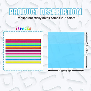 900 Sheets 18 Pieces Transparent Sticky Notes Pads, 3 x 3 Inches Translucent Colored Clear Stickies Notes Waterproof Self Adhesive See Through Memo Sticky Pads, School Office Supplies (Bright Color)