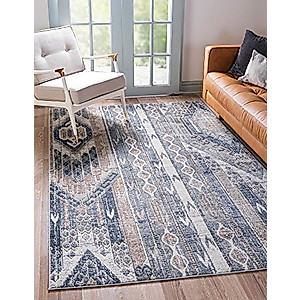 Unique Loom Portland Collection Southwestern Inspired Striped Tone Area Rug, 8 ft x 10 ft, Navy Blue/Tan