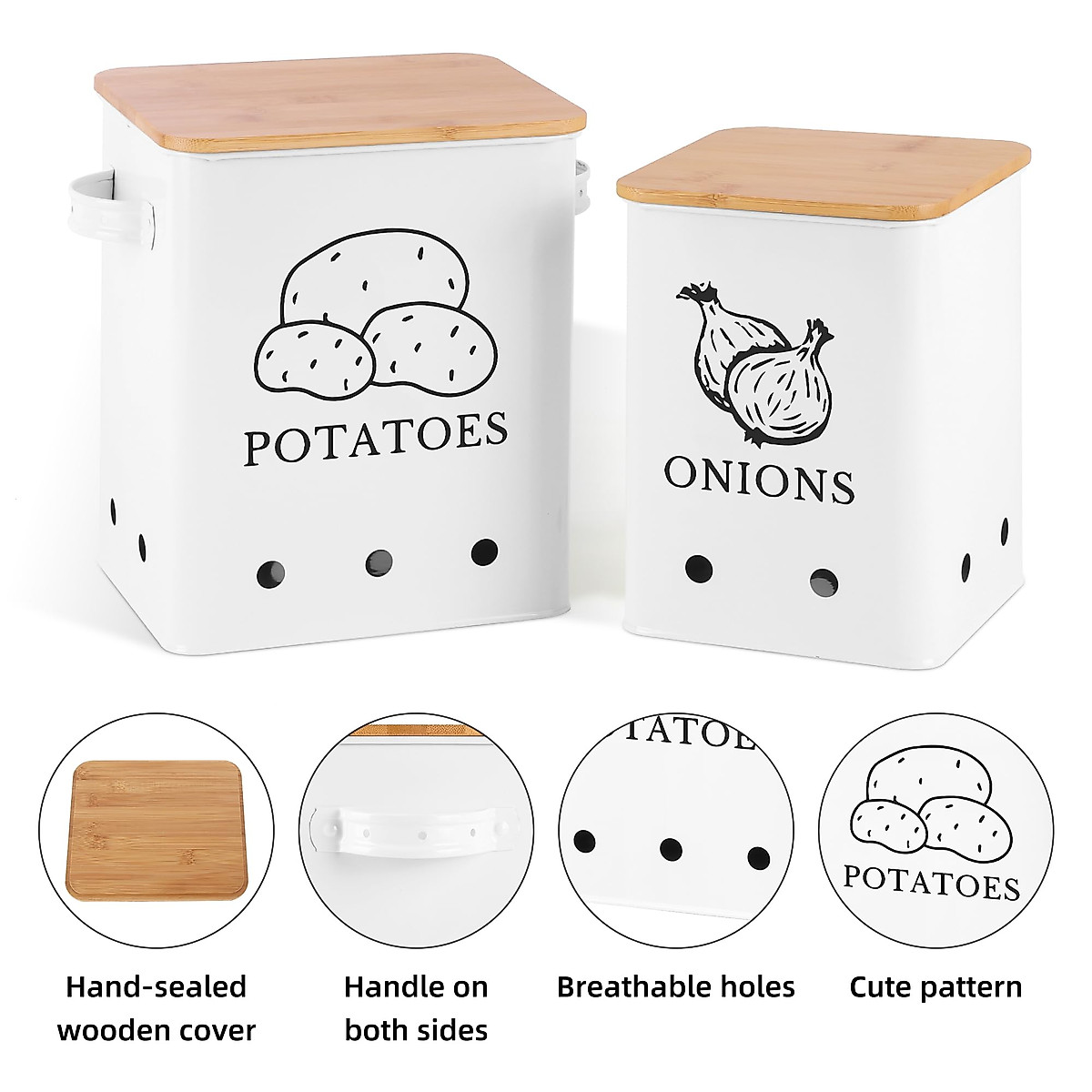 Candco Set of 2 White Vegetable Storage Tins with Wooden Lids for Potatoes, Onions, and Garlic - Long Shelf Life and Convenience
