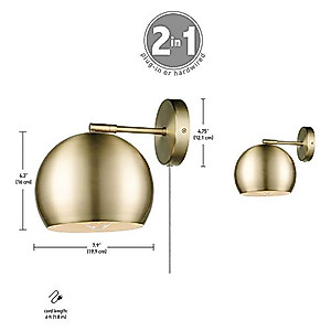 Globe Electric 51577 1-Light Plug-in or Hardwire Wall Sconce, Matte Brass, White Fabric Cord, in-Line On/Off Rocker Switch, Wall Lights for Bedroom Plug in, Kitchen Sconces Wall Lighting