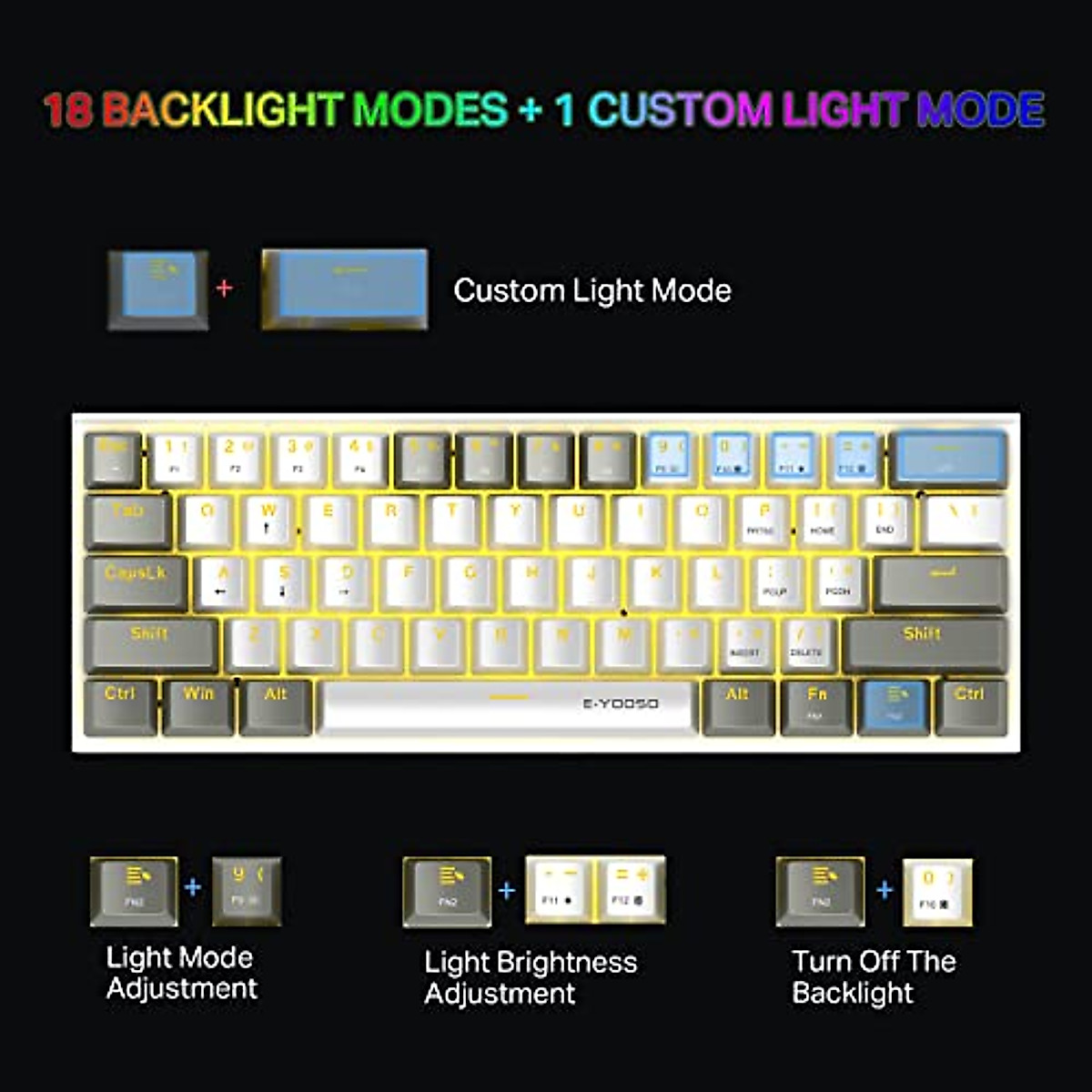 E-YOOSO 60% Mechanical Keyboard, Blue Switches Mechanical Gaming Keyboard Wired with LED Backlit, Ultra-Compact 60 Percent Computer Keyboard for Windows, Mac OS (White Grey)
