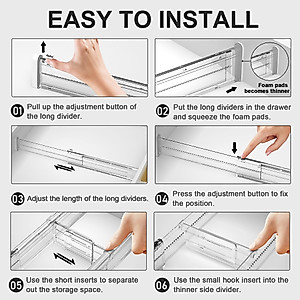 HiYZ Expandable Drawer Dividers with Inserts - 2.36'' High Adjustable Drawer Organizers Separators for Kitchen, Bedroom, Dresser, Office, 5 Long Dividers(12.6-22.8'') with 10 Inserts(3.9-7.1'')-Clear
