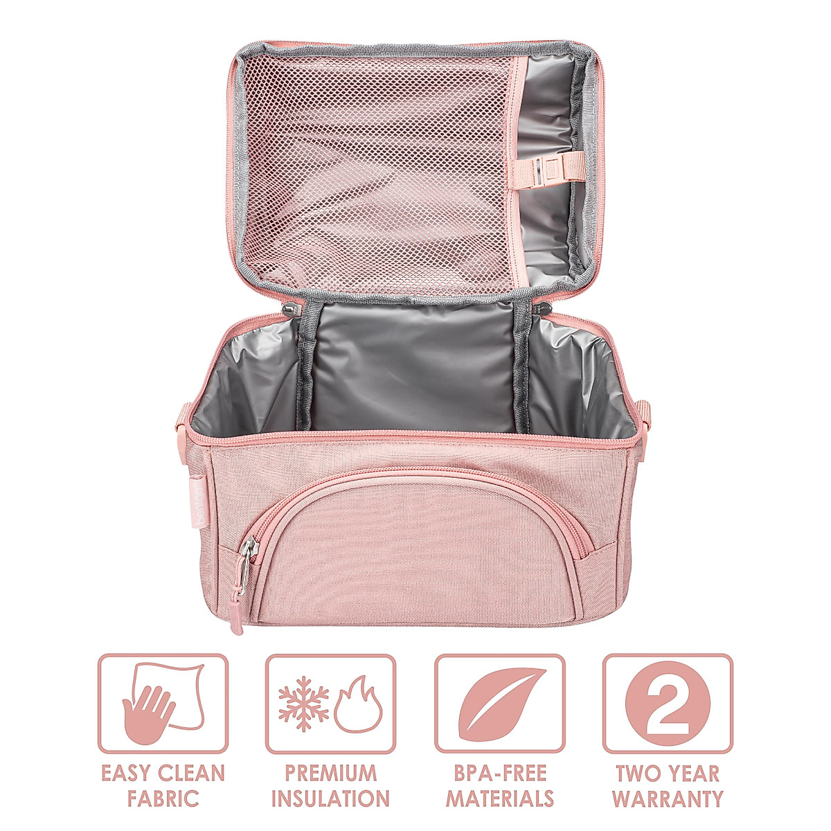 Bentgo® Deluxe Lunch Bag - Durable and Insulated Lunch Tote with Zippered Outer Pocket, Internal Mesh Pocket, Padded & Adjustable Straps, & 2-Way Zippers - Fits Most Lunch Boxes (Blush)