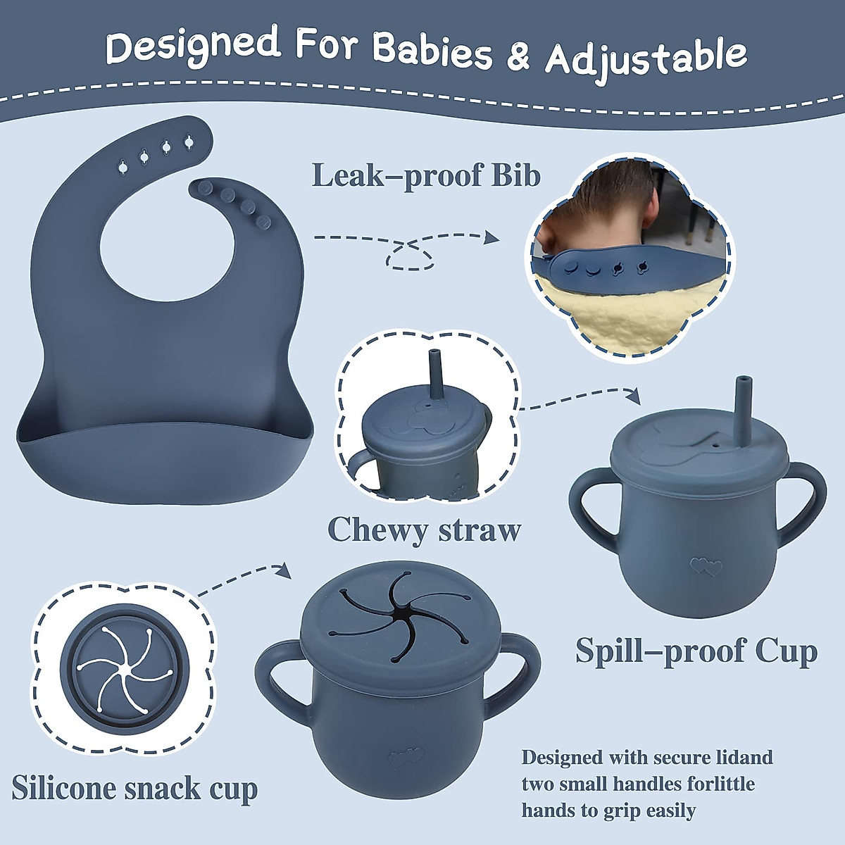 Silicone Baby Feeding Set,11Pack Toddlers Weaning Feeding Sippy Cup with Straw and Lid,Baby Bibs,Squirrel Plate Bowl With Suction,Baby Feeding Supplies Set (Squirrel-Deep Blue)