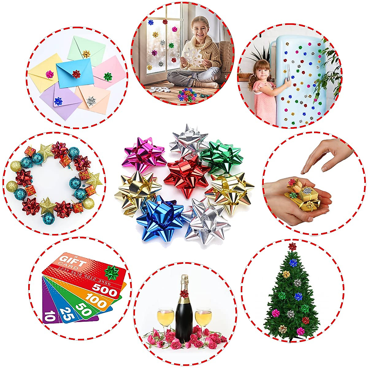 150pcs 1 Inch Gift Wrap Bow 1" Tiny Self Adhersive Mini Present Wraping Mini Bows 6 Colors Holiday Festiveal Christmas Decoration (SERSEE 1")