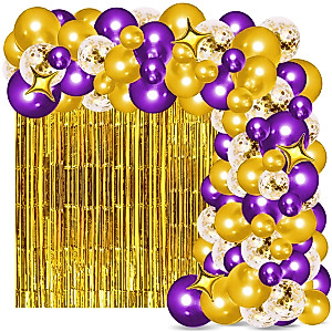 Purple Gold Balloon Garland Arch, 124PCS Purple and Gold Balloons Gold Star Balloons Purple Tinsel Foil Fringe Curtain for Purple Birthday Wedding Anniversary Graduation Party Decorations Purple Gold